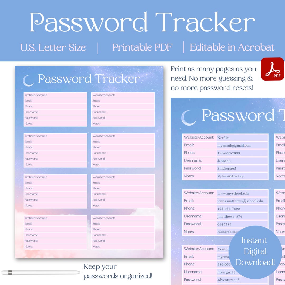 Printable Password Log Tracker, Password Sheet, Track Passcodes PDF ...
