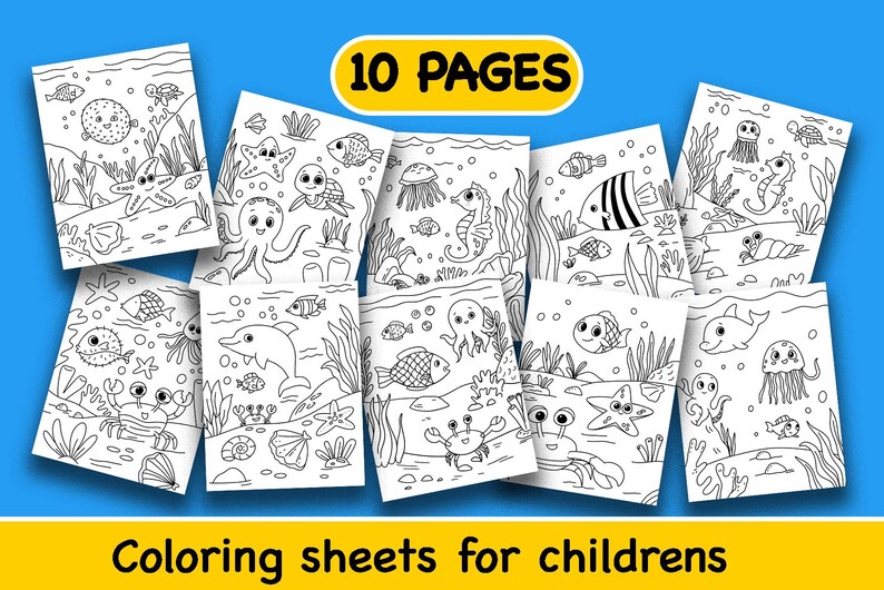 10 Marine Life Coloring Pages for Kids, Ocean Animal Sheets, Under the ...