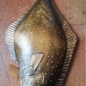 Halibut, 21-25 Inches 3D Wall Wooden Fish, One Side Hand Carved and ...