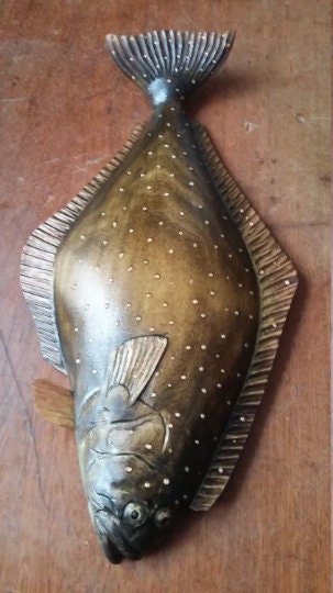 Halibut, 21-25 Inches 3D Wall Wooden Fish, One Side Hand Carved and ...