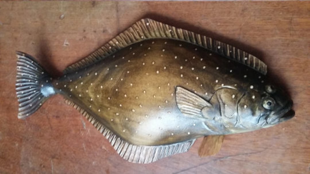 Halibut, 21-25 Inches 3D Wall Wooden Fish, One Side Hand Carved and ...