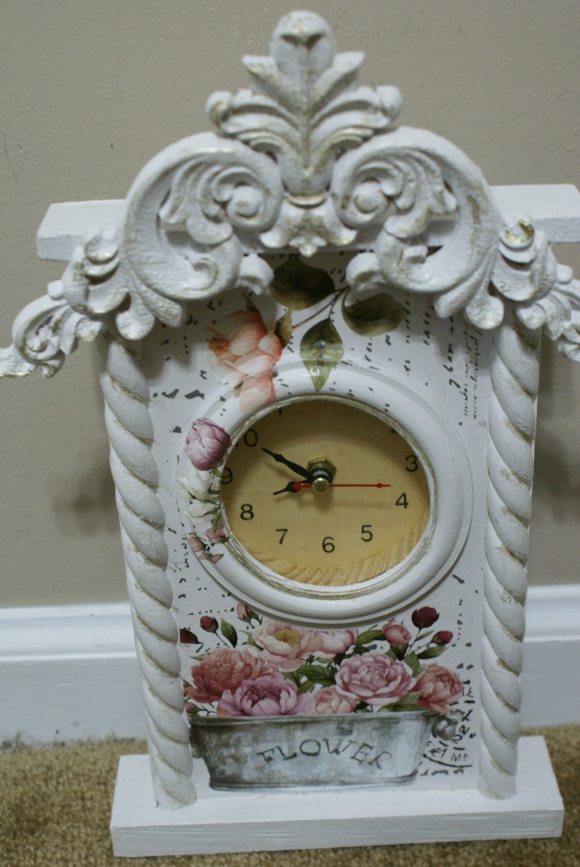 Shelf Clock Wood Battery Operated Hand Painted Decorated White With ...