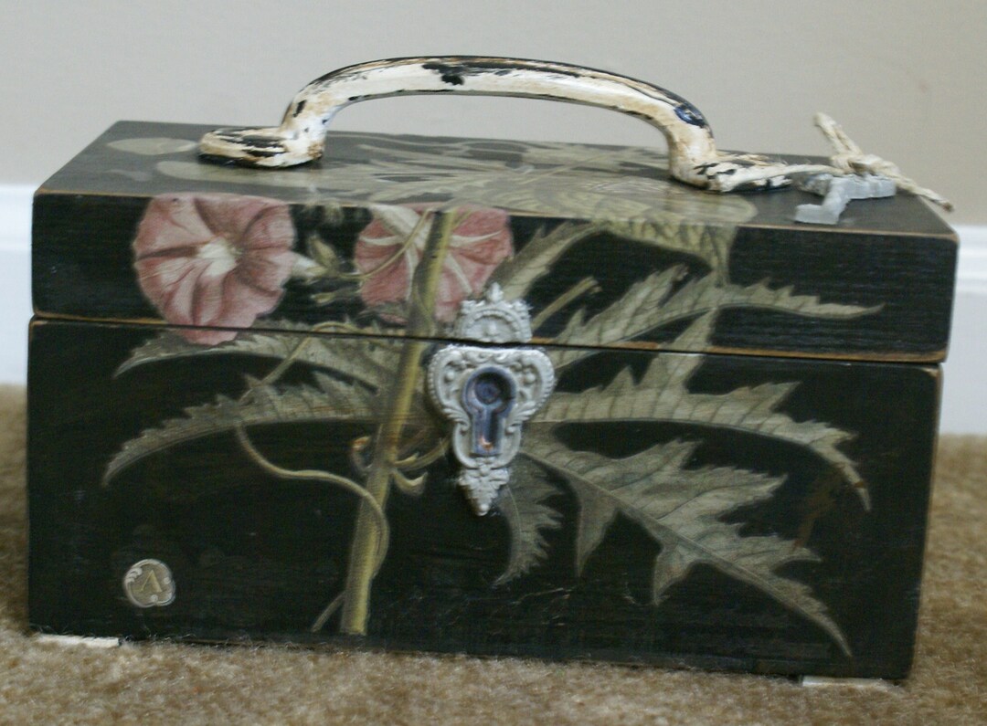 Wood Box Hand Painted Decorated Lid Handle French Country Vintage Look ...