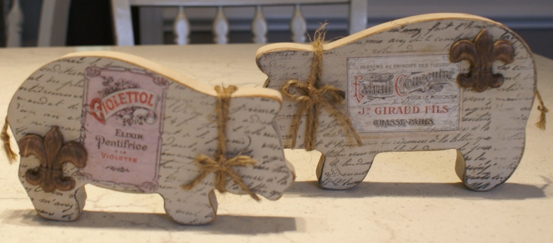 Set of 2 Wood Pig Figures Hand Painted Decorated in Vintage French ...