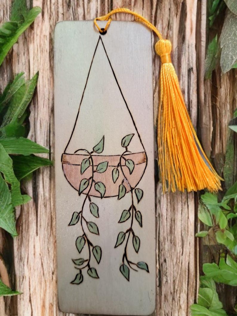 Pothos and Purple Flowers Handmade Wooden Pyrography Bookmark - Etsy