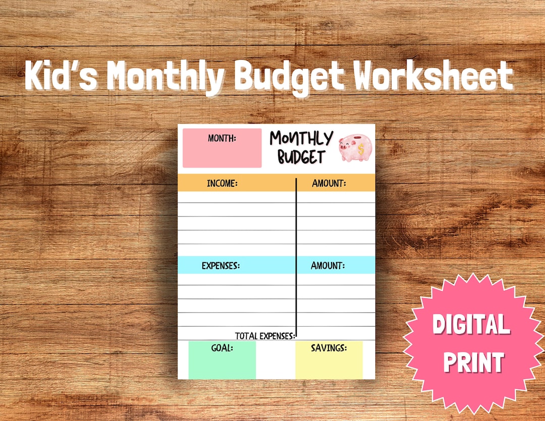 Printable Kids Monthly Budgeting Worksheet Children's Finance Planner ...