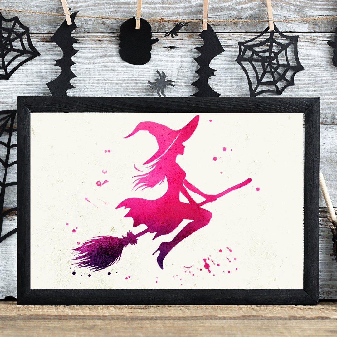 Pink Halloween Witch Digital Art Print, Pink Halloween Decor Witchy ...