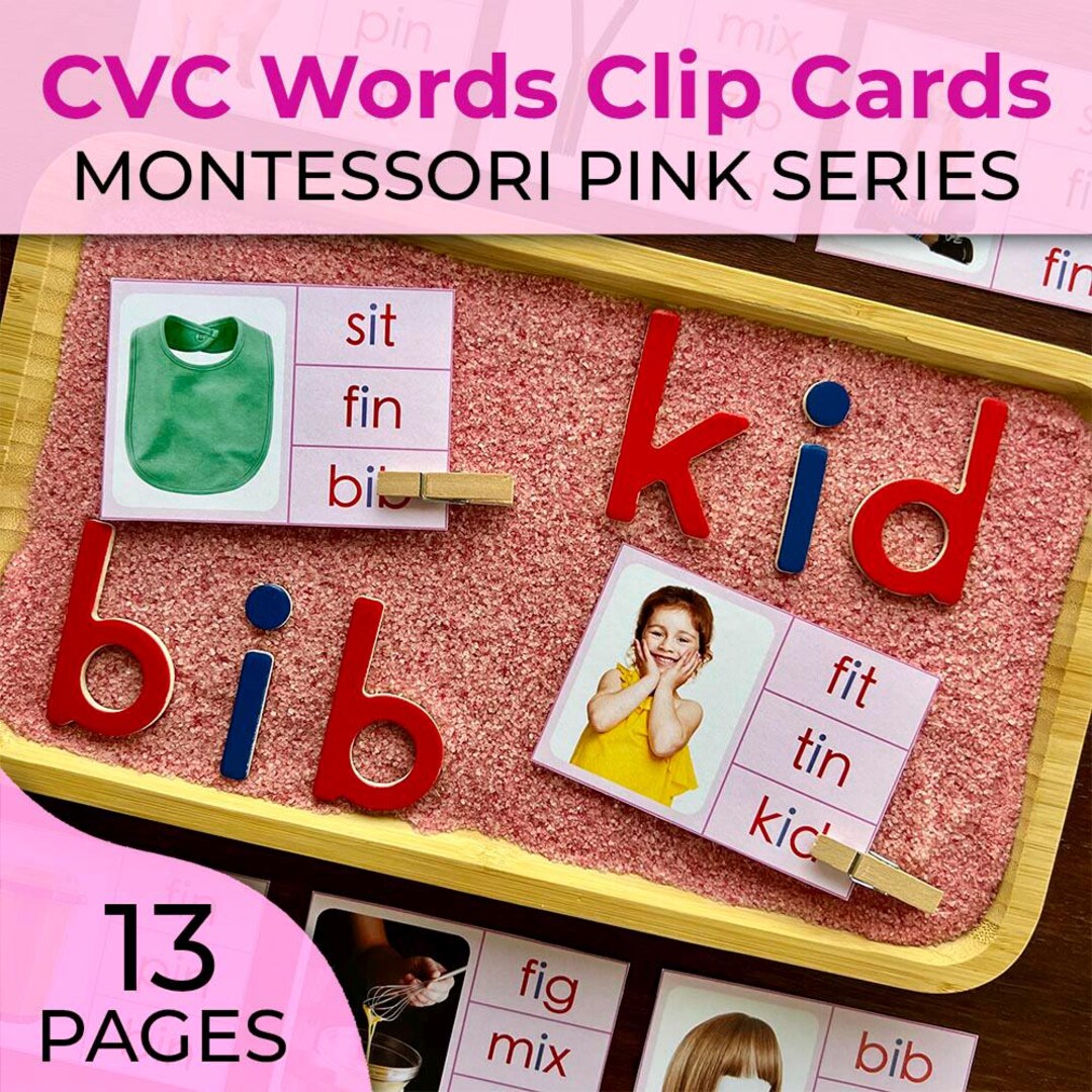 Montessori Pink Series Clip Cards Pink Series CVC Words Clip Cards ...