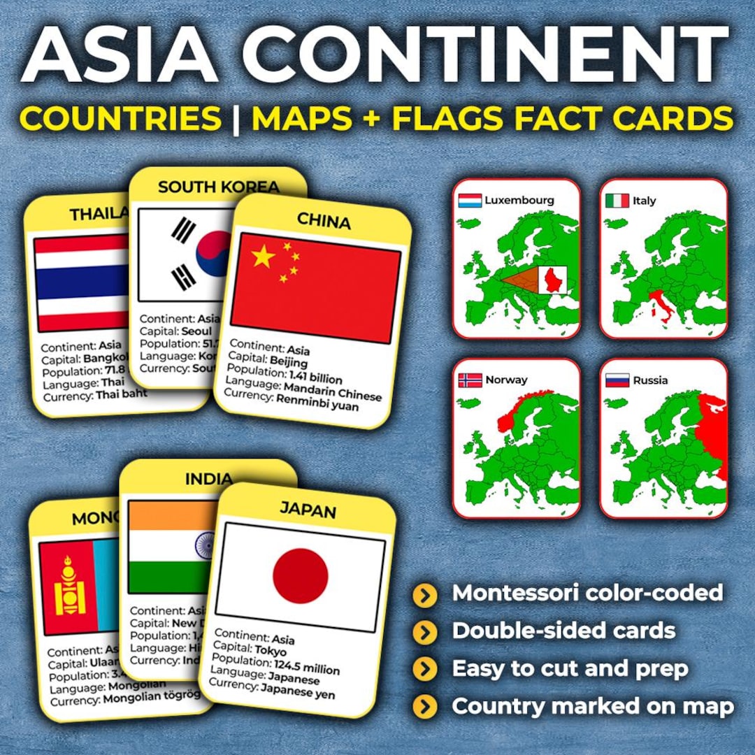 Continent of Asia | Asia Geography Fact Cards | Asian Flags and ...