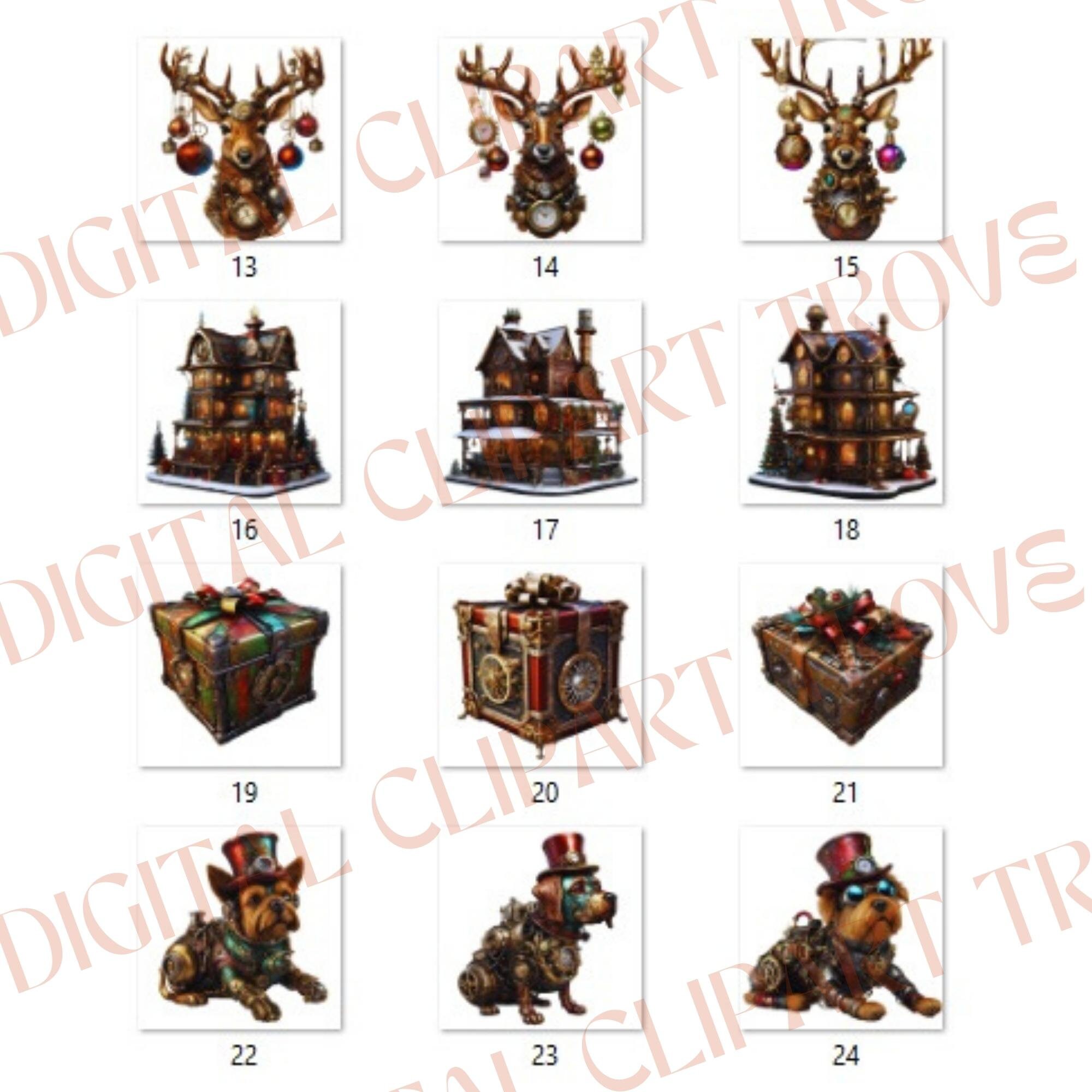 36 PNG Steampunk Christmas Clipart - Vintage Holiday Elements for DIY ...