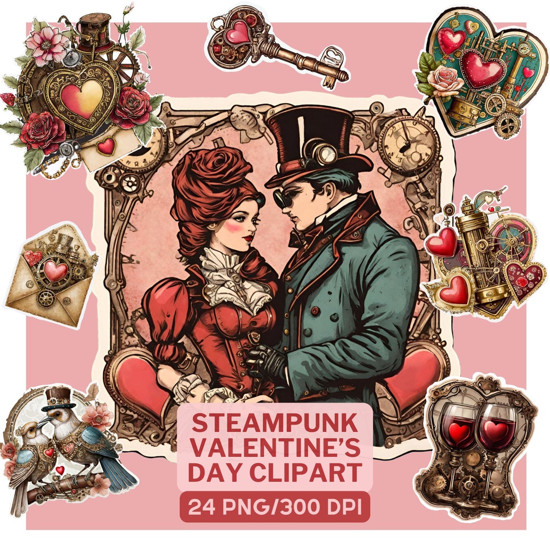 Steampunk Valentine's Day Clipart, Digital and Printable Love Sticker ...