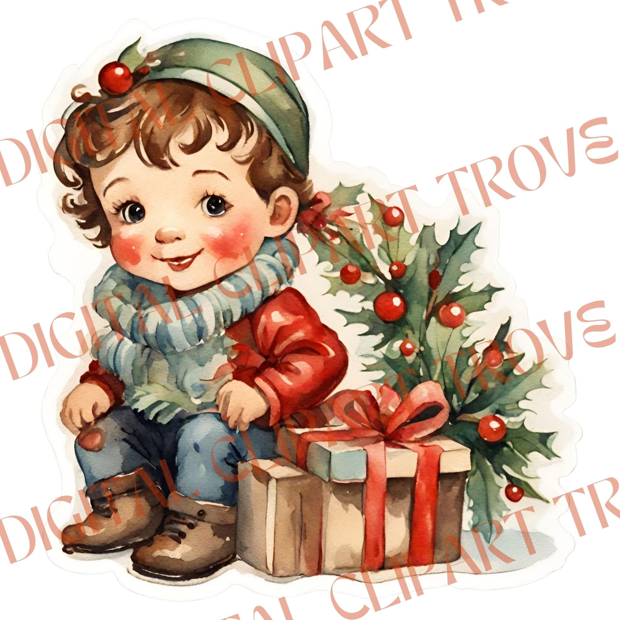 Vintage Christmas Kids Clipart, 50 PNG Nostalgic Holiday Illustration ...