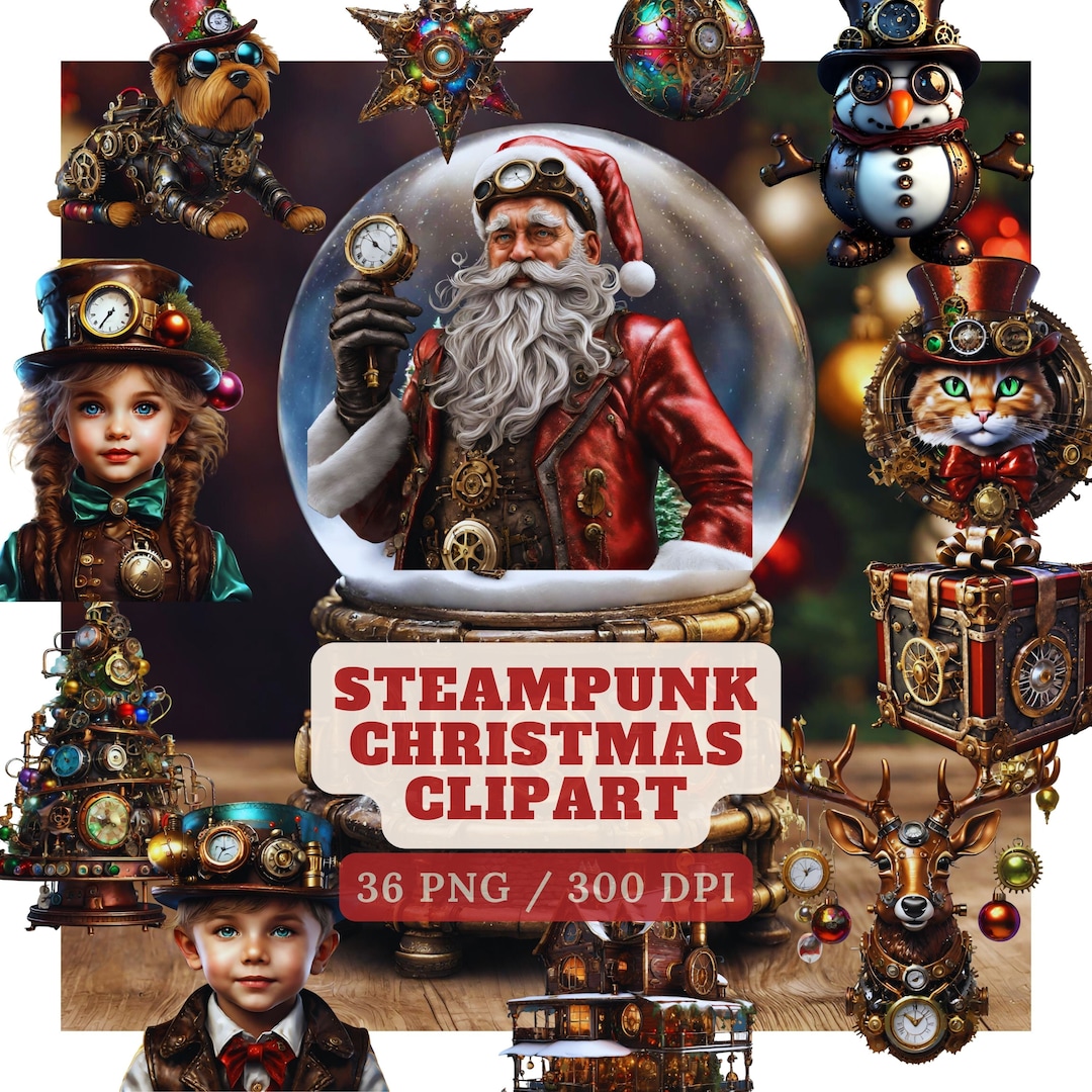36 PNG Steampunk Christmas Clipart - Vintage Holiday Elements for DIY ...