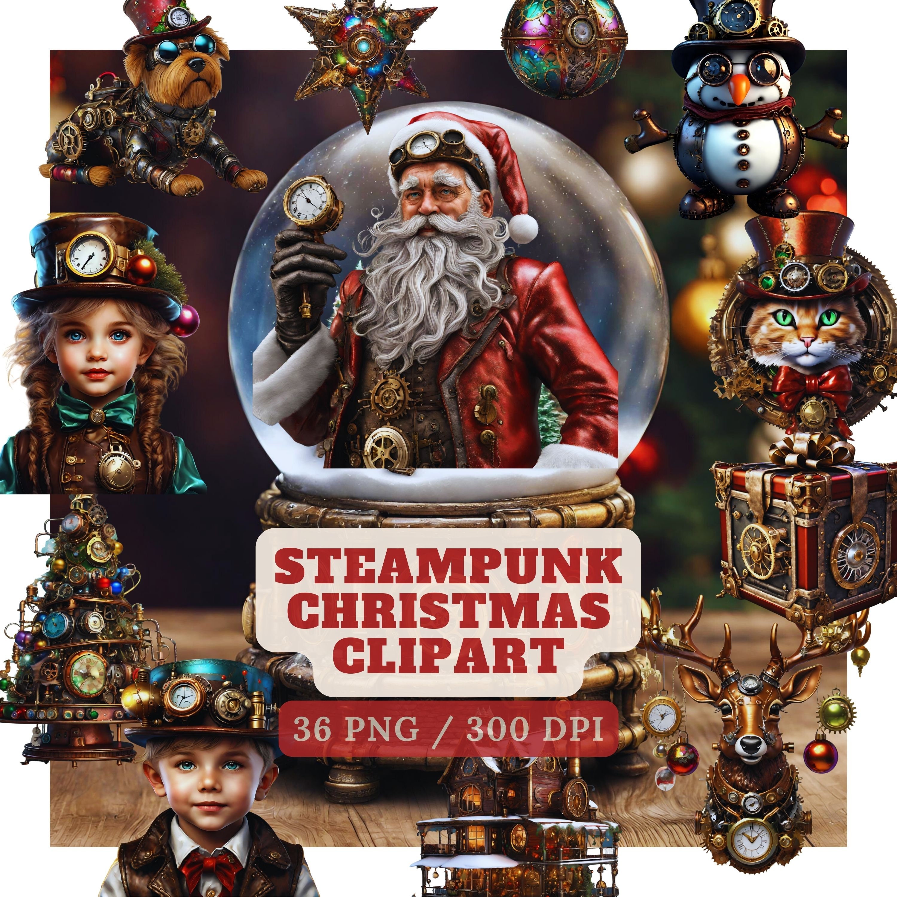 36 PNG Steampunk Christmas Clipart - Vintage Holiday Elements for DIY ...