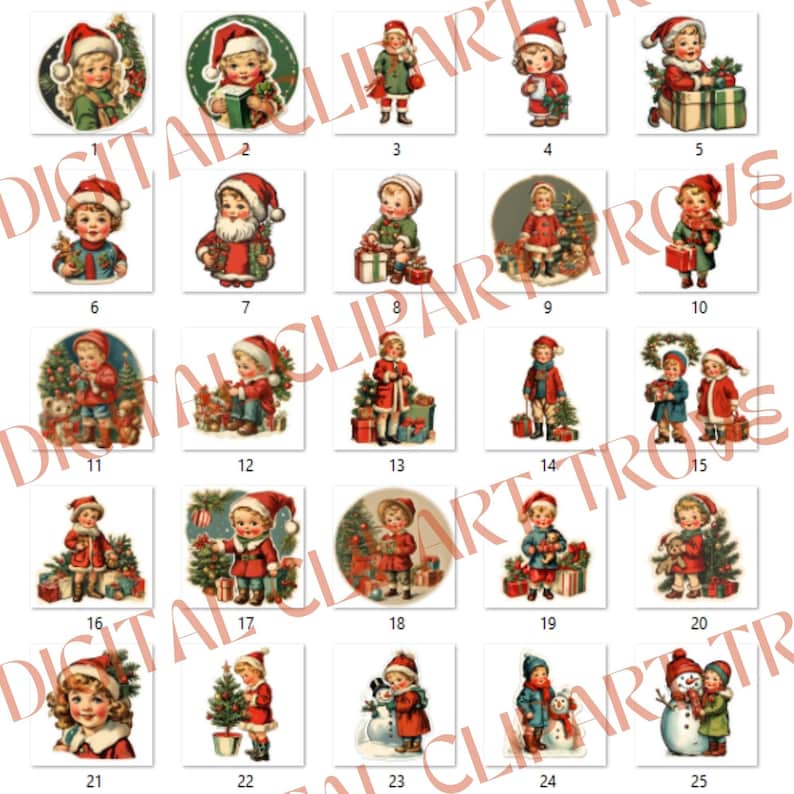 Vintage Christmas Kids Clipart, 50 PNG Nostalgic Holiday Illustration ...