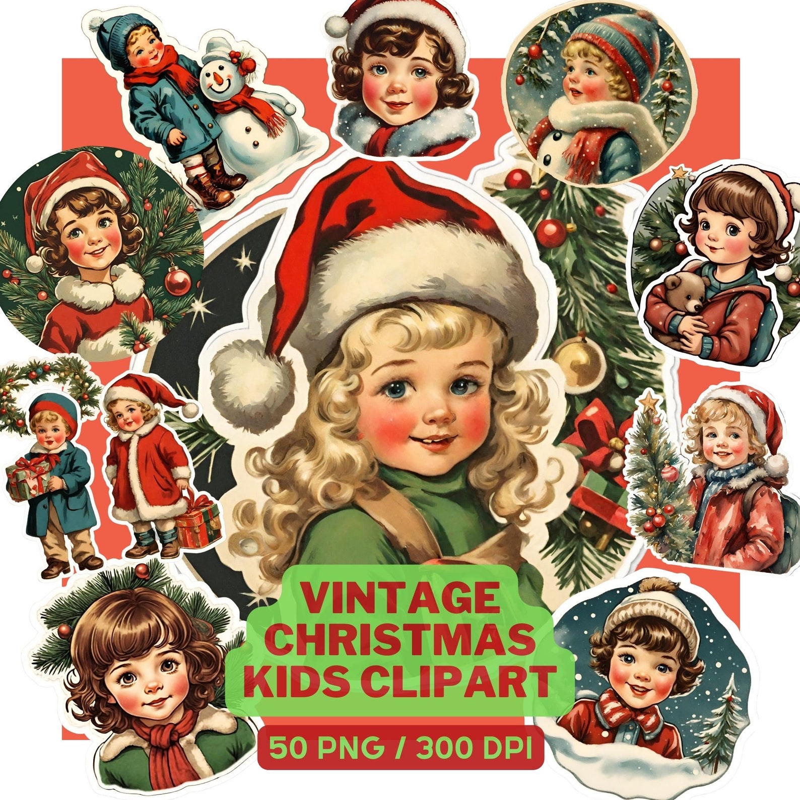 Vintage Christmas Kids Clipart, 50 PNG Nostalgic Holiday Illustration ...