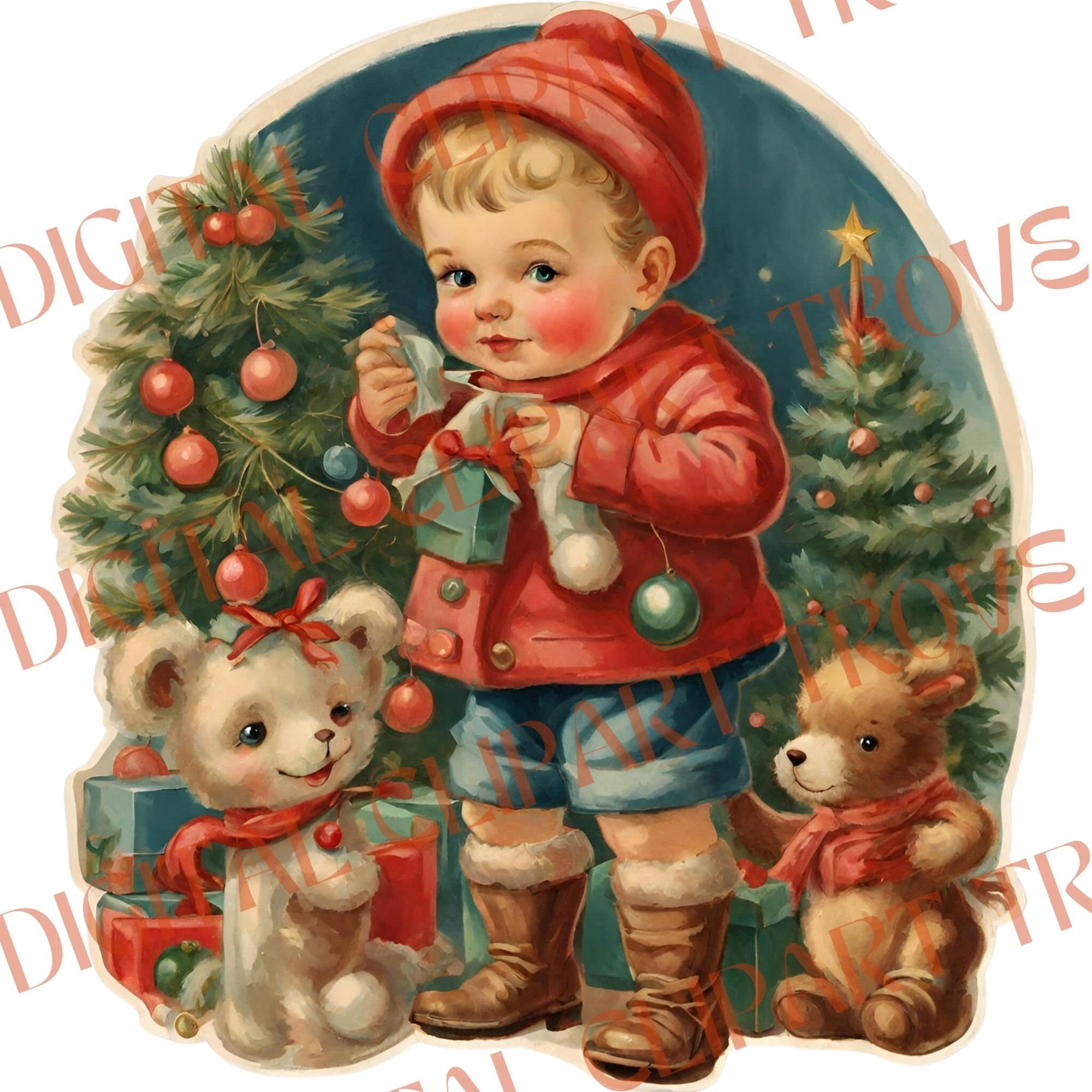 Vintage Christmas Kids Clipart, 50 PNG Nostalgic Holiday Illustration ...