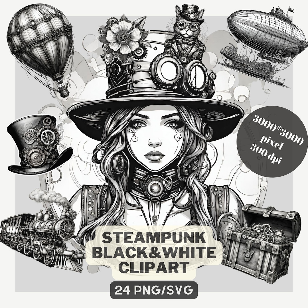Steampunk Black&white Clipart PNG SVG Vintage Illustration Commercial ...