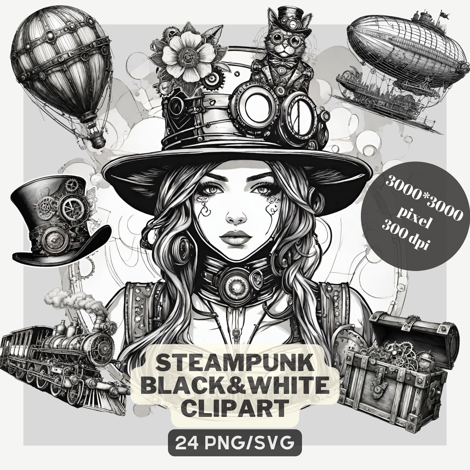 Steampunk Black&white Clipart PNG SVG Vintage Illustration Commercial ...
