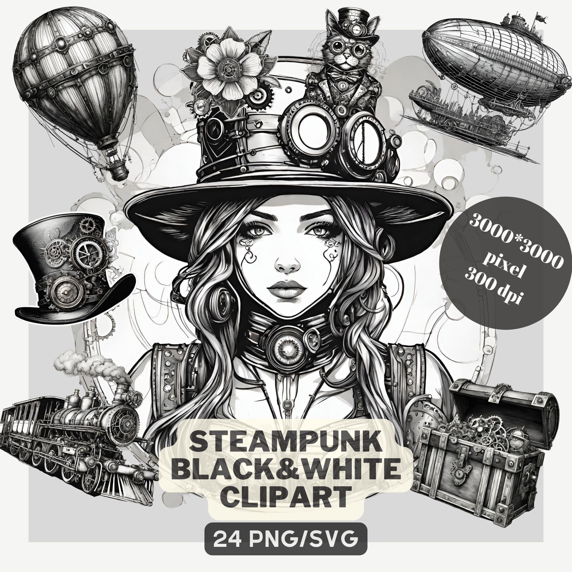 Steampunk Black&white Clipart PNG SVG Vintage Illustration Commercial ...