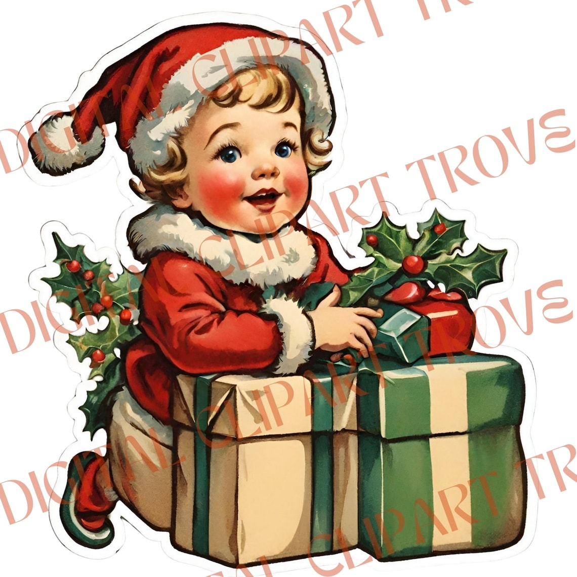 Vintage Christmas Kids Clipart, 50 PNG Nostalgic Holiday Illustration ...