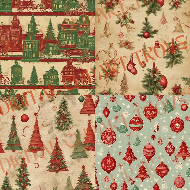 Vintage Christmas Patterns Holiday Cards Gift Wrapping Nostalgic ...