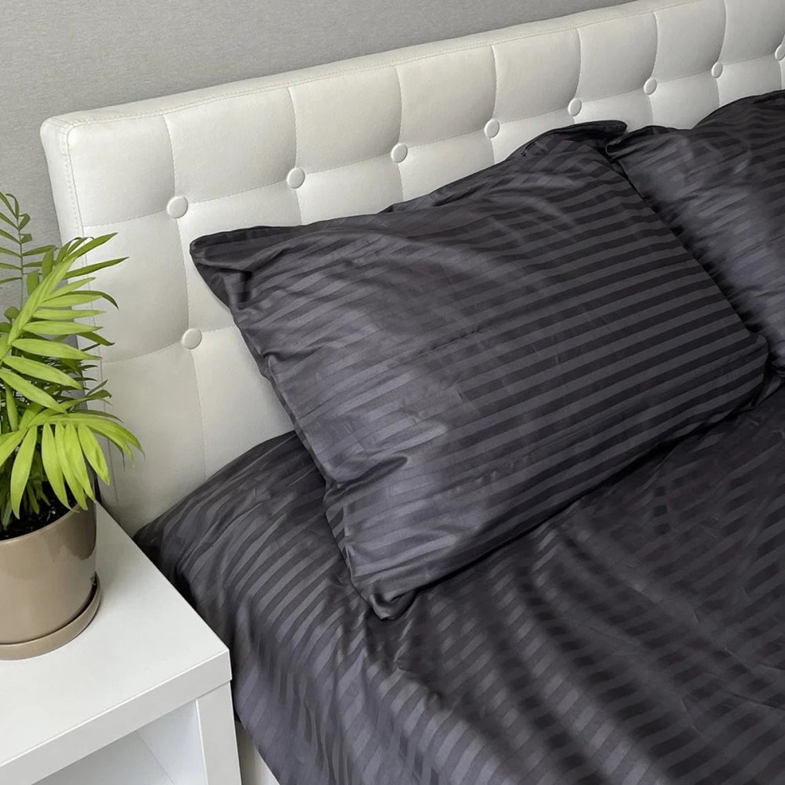Stripe Satin Gray Bedding Set graphite Soft, Comfortable, Modern ...