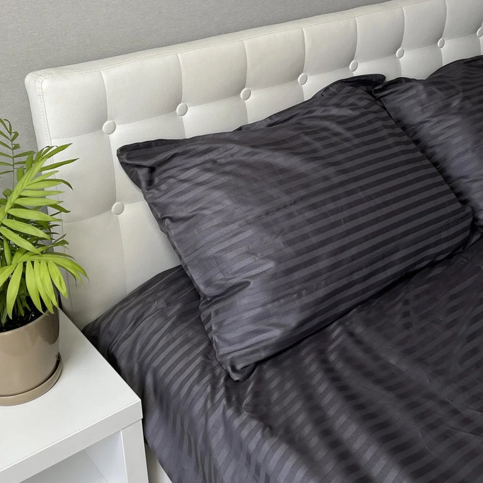 Stripe Satin Gray Bedding Set graphite Soft, Comfortable, Modern ...