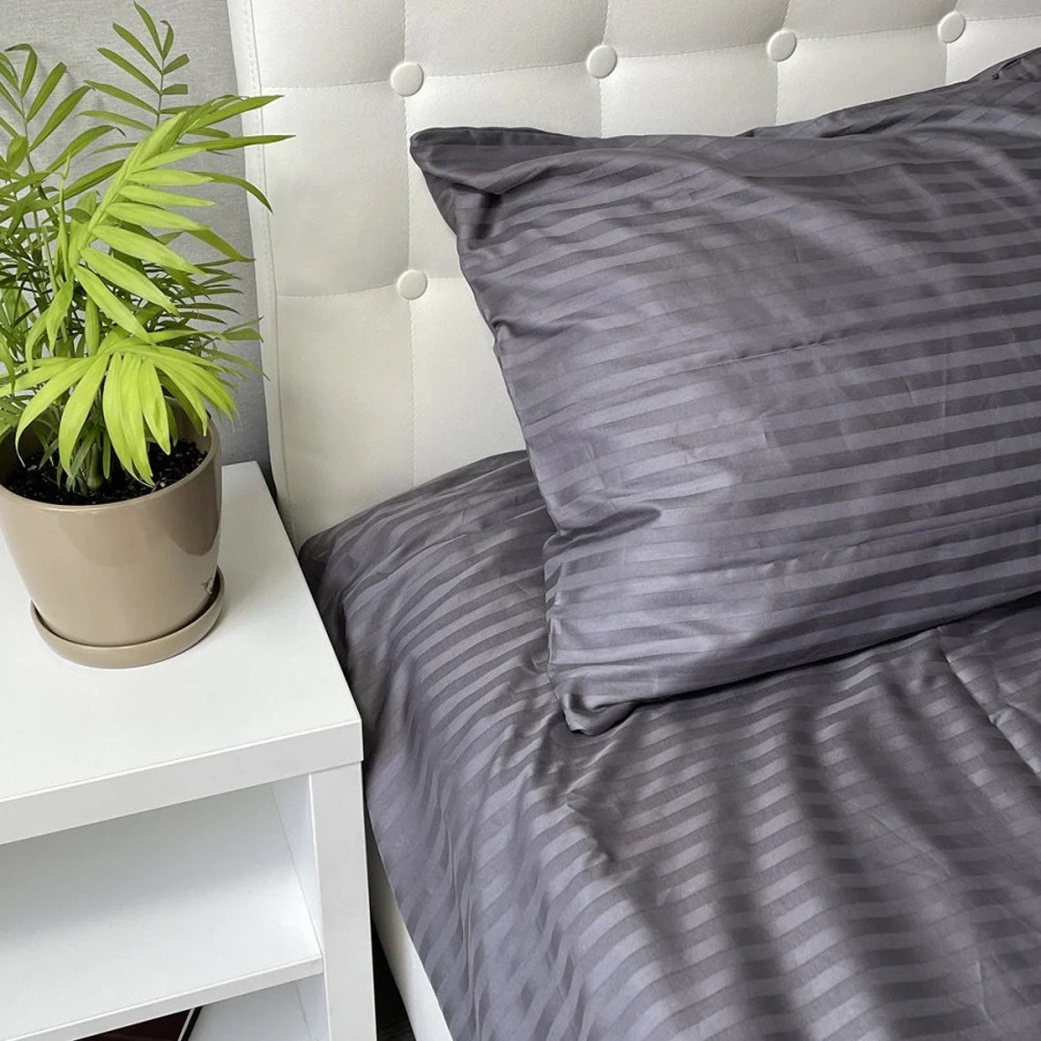Stripe Satin Gray Bedding Set graphite Soft, Comfortable, Modern ...