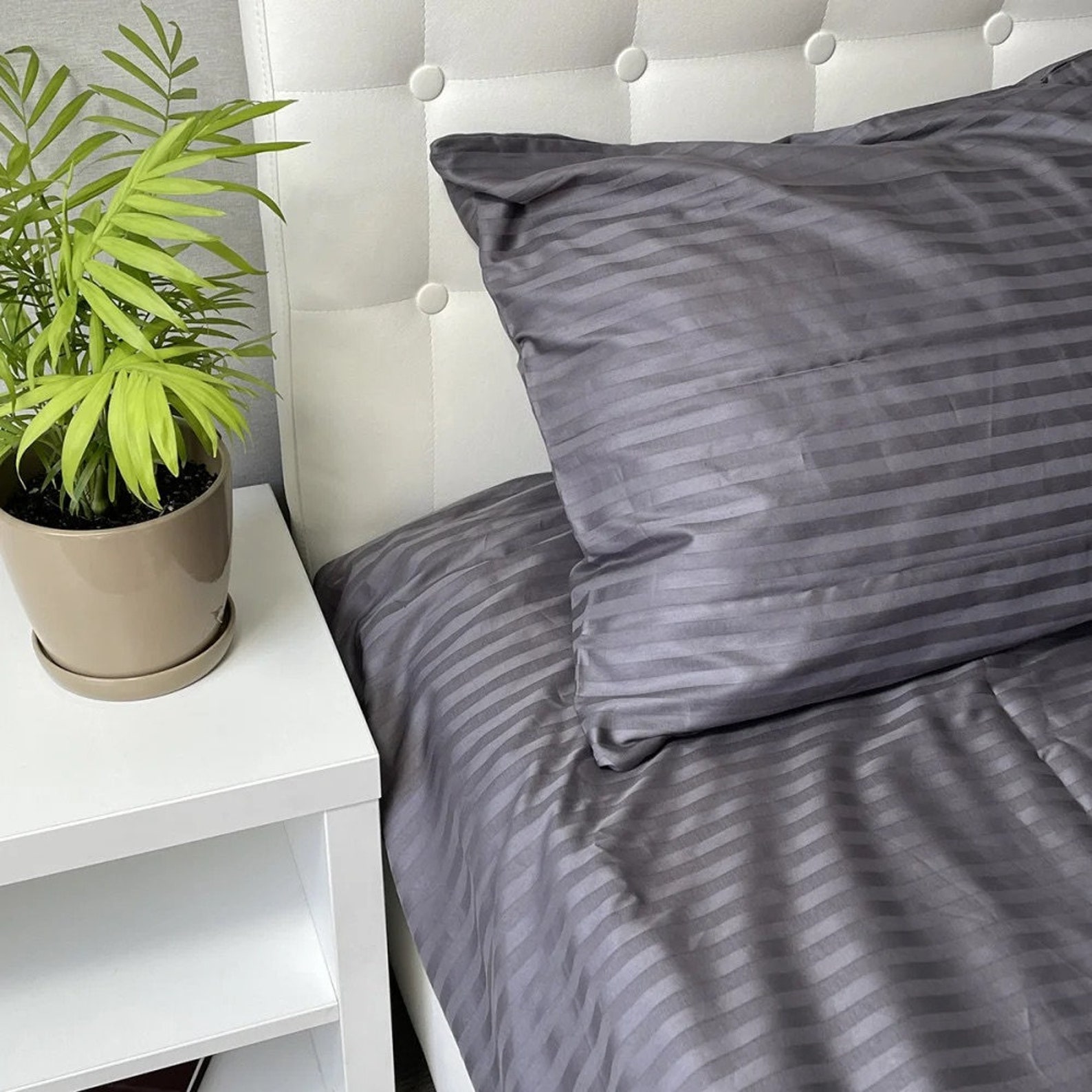 Stripe Satin Gray Bedding Set graphite Soft, Comfortable, Modern ...