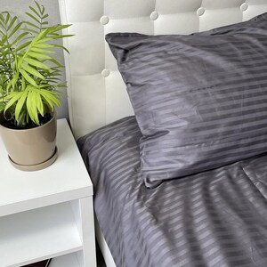Stripe Satin Gray Bedding Set graphite Soft, Comfortable, Modern ...