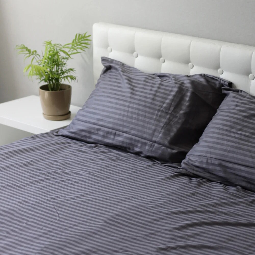 Stripe Satin Gray Bedding Set graphite Soft, Comfortable, Modern ...