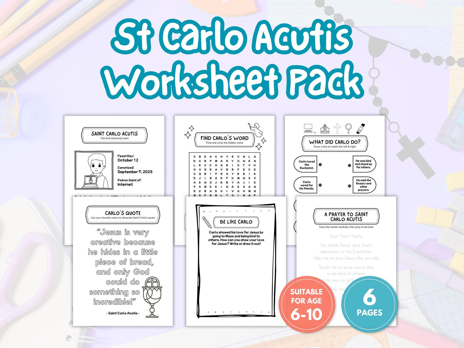 Saint Carlo Acutis Kids Catholic Worksheet Pack (PDF Printable) - Etsy