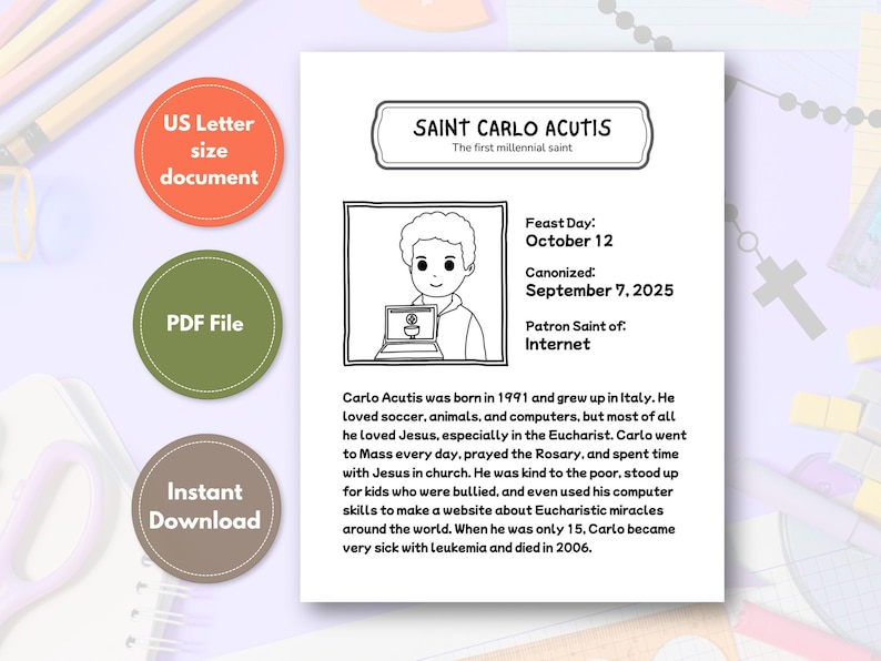 Saint Carlo Acutis Kids Catholic Worksheet Pack (PDF Printable) - Etsy