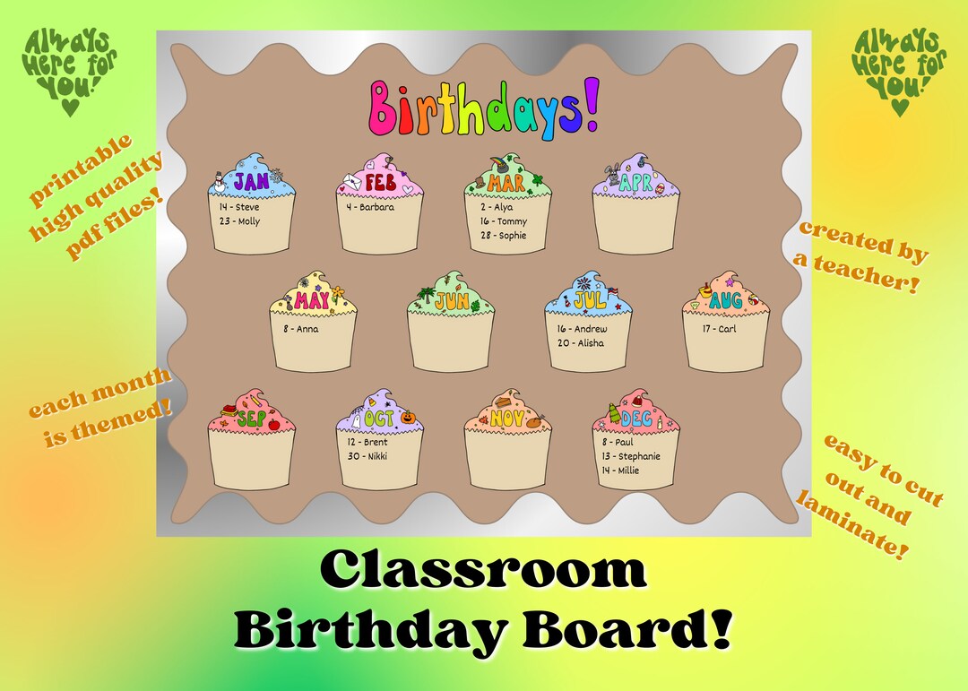 Birthday Board Groovy and Cozy Classroom Decor Cupcake Month Printouts ...
