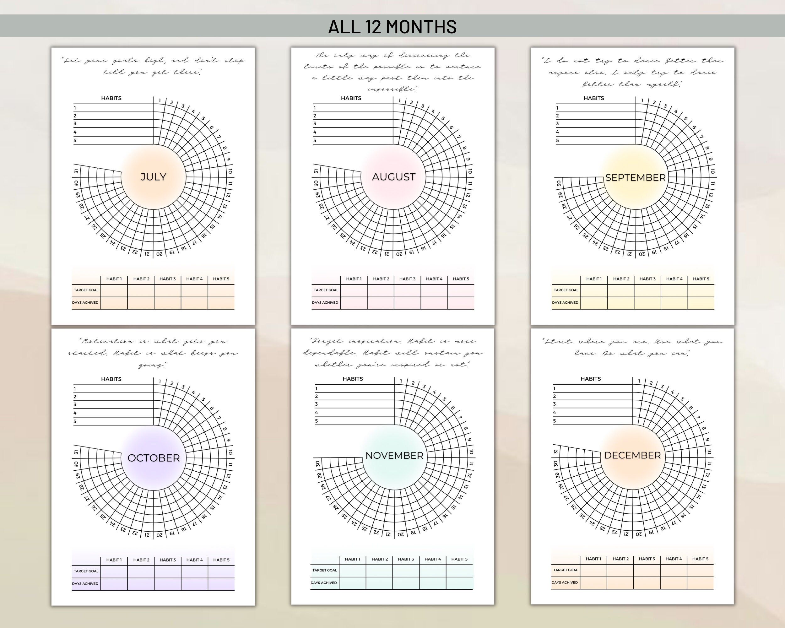 12 Month Circle Habit Tracker Printable Landscape Habit - Etsy