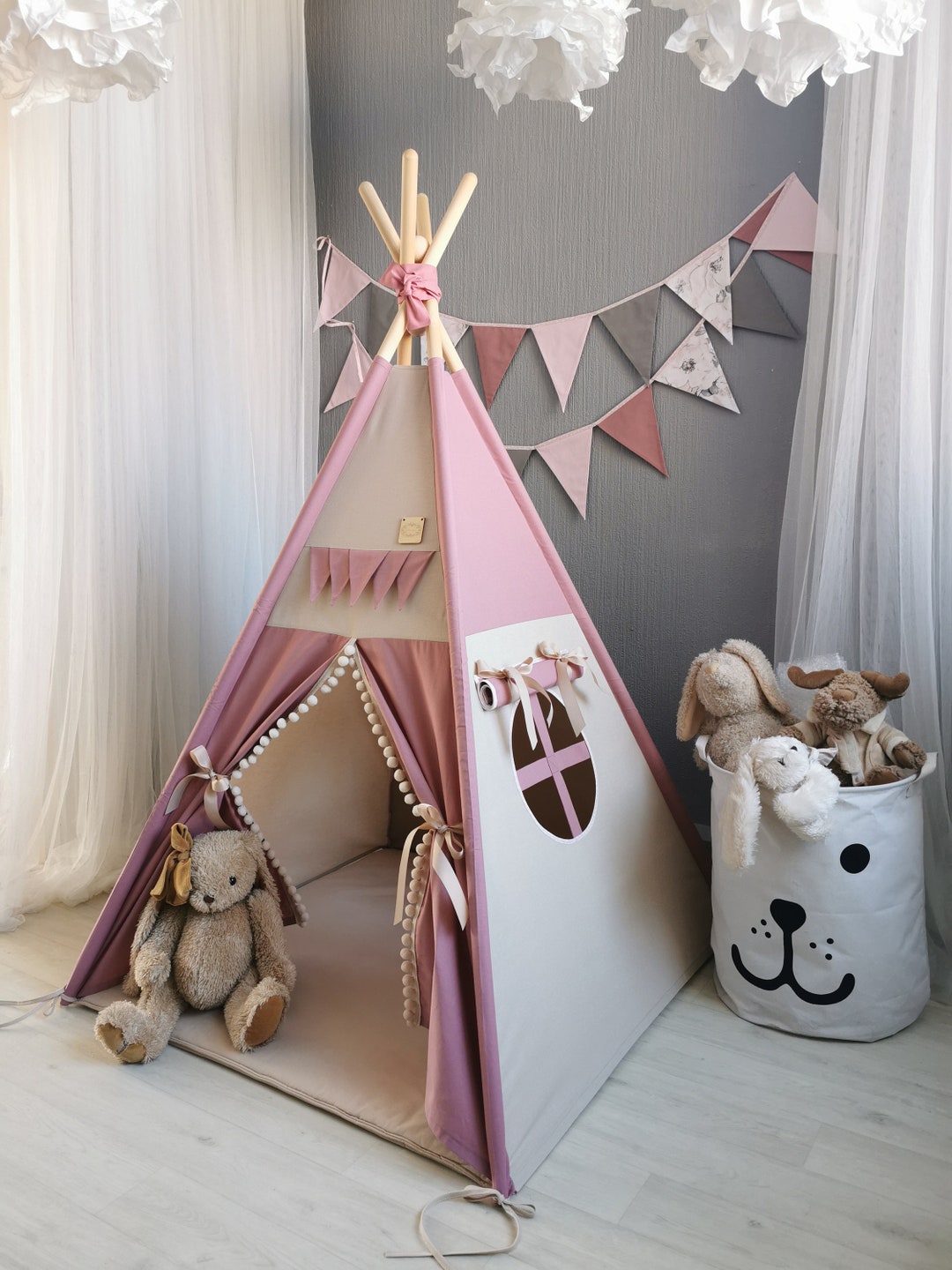 BEIGE / PINK Tipi for Girl, Pop-up Teepee, Folded Wigwam for Nursery ...