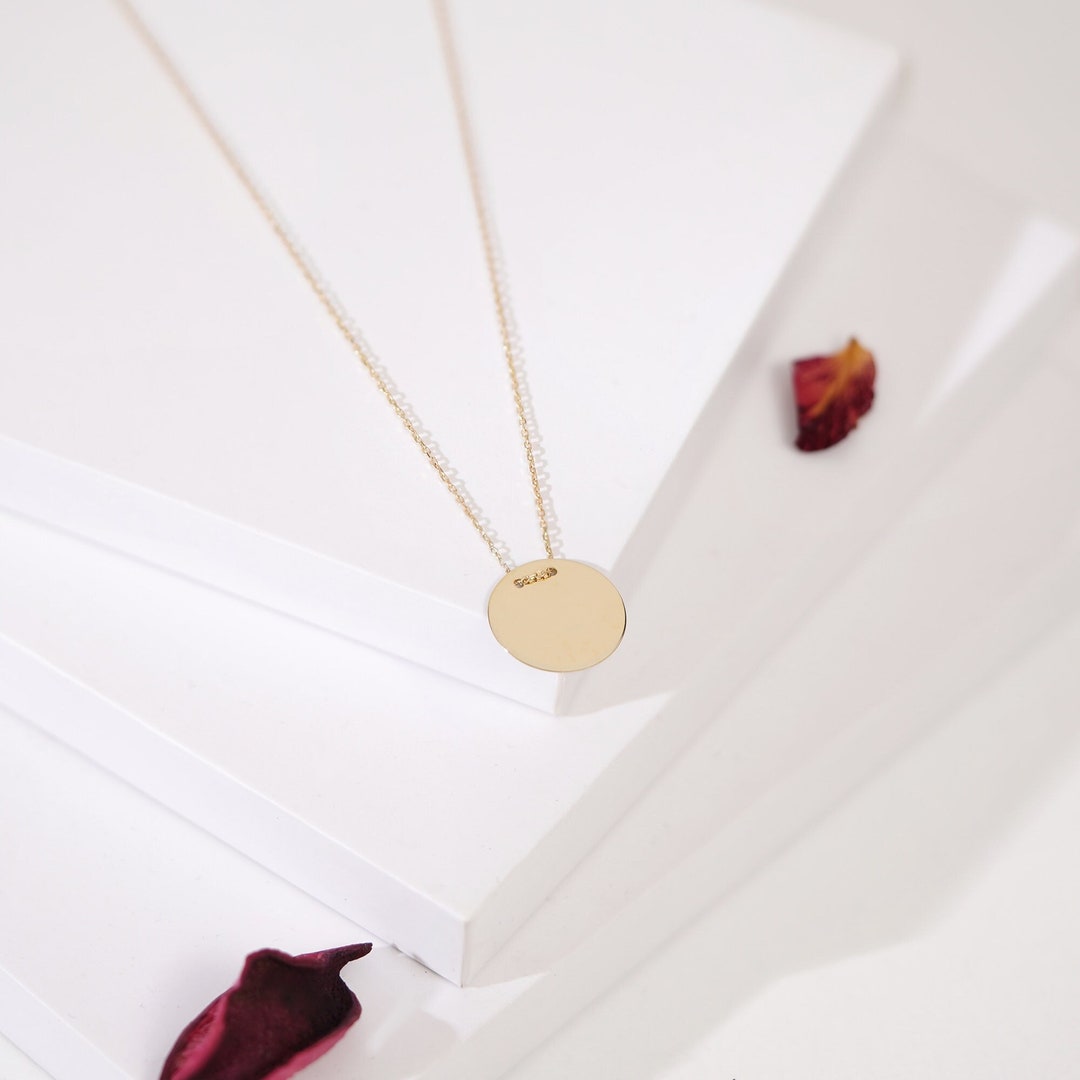 14k Solid Gold Disk Necklace, Personalized Dainty Gold Circle Coin Disk ...