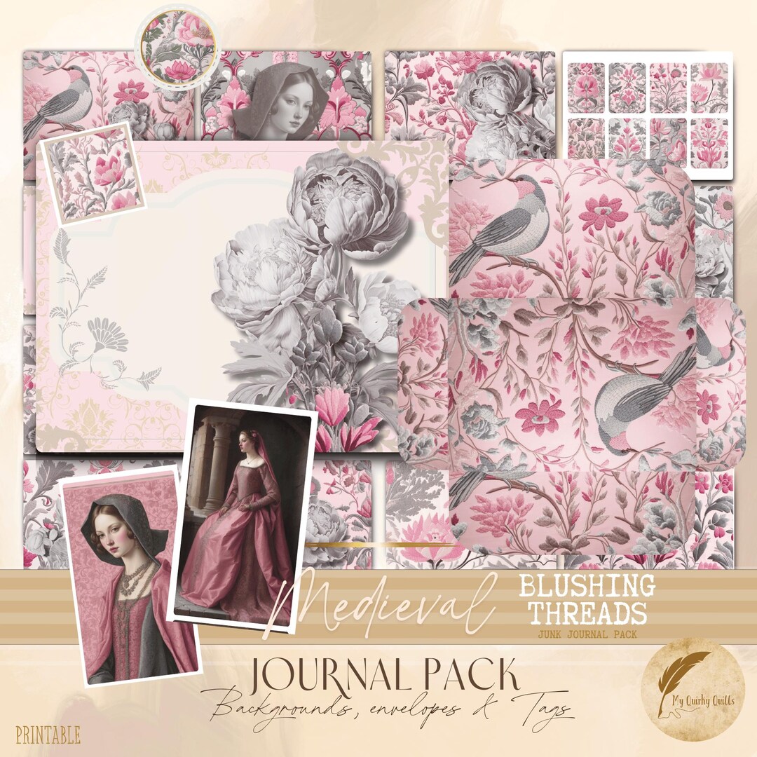Pink Medieval Junk Journal Kit | Printable Floral Peony Paper Set ...