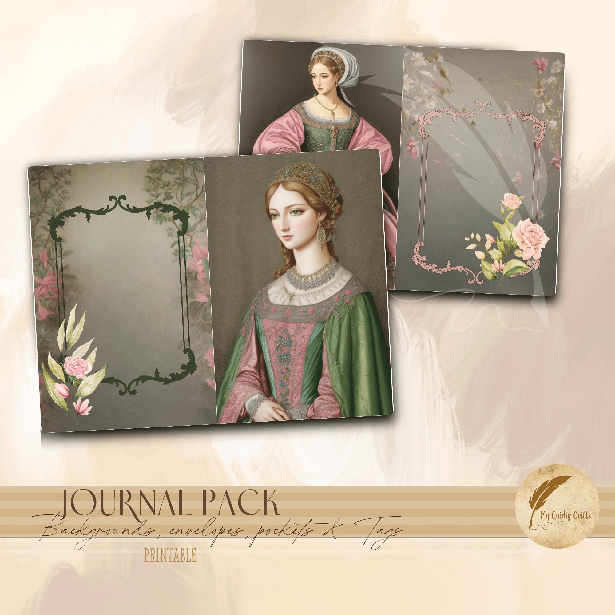 Printable Medieval Scrapbook Ephemera | Pink Green Vintage Junk Journal ...