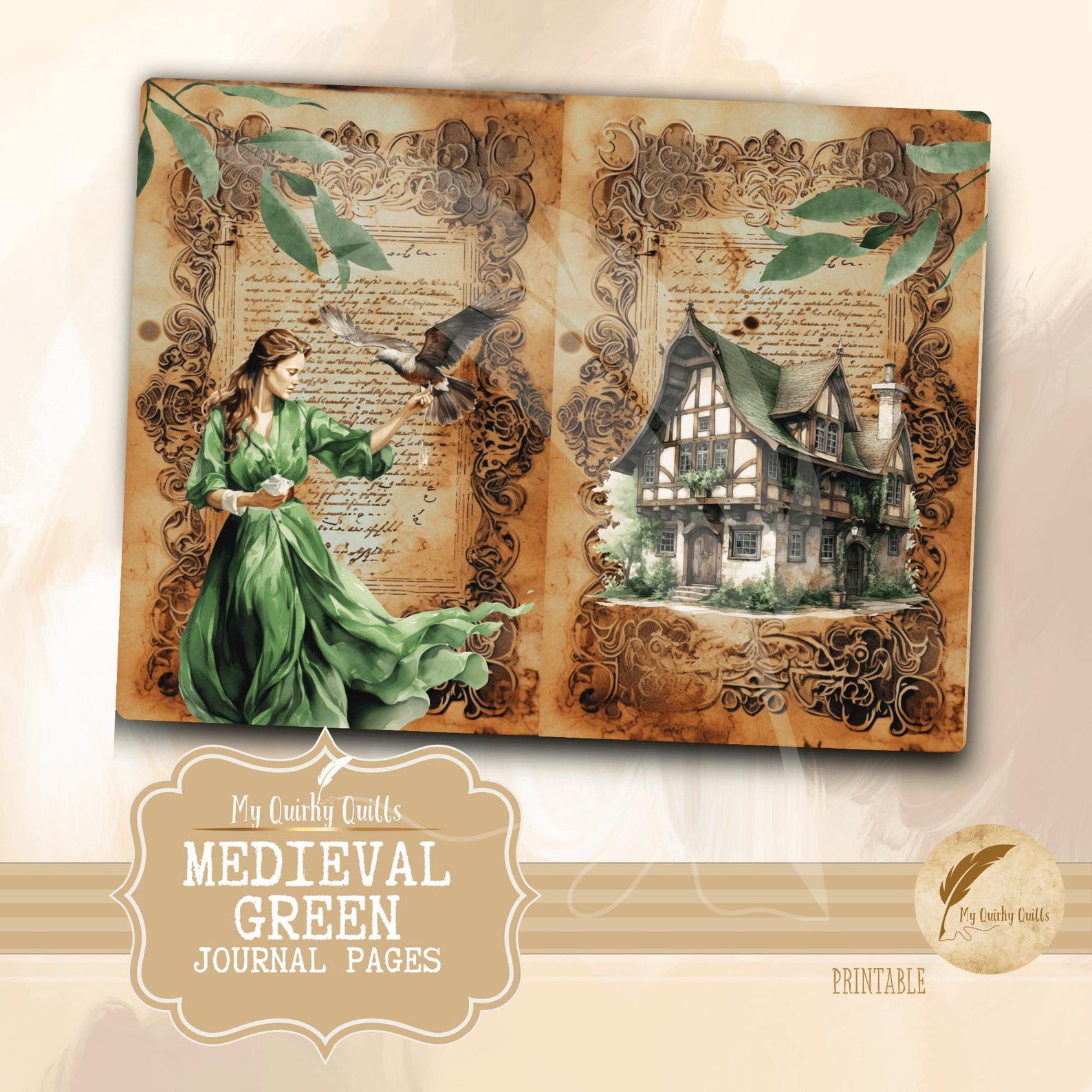 Medieval Green Junk Journal Pages, Printable Scrapbooking Pages ...