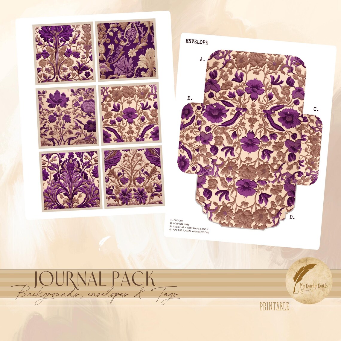 Printable Purple Beige Medieval Scrapbook Kit | Embroidery-inspired ...