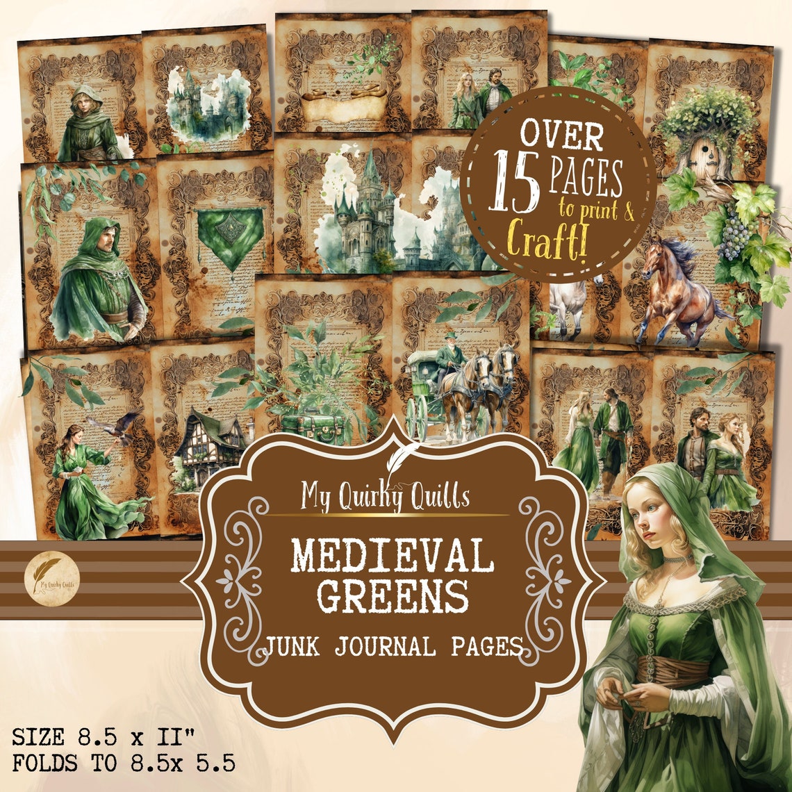 Medieval Green Junk Journal Pages, Printable Scrapbooking Pages ...