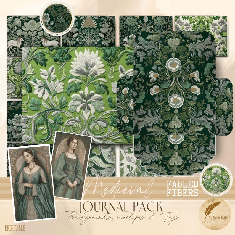 Printable Green Medieval Scrapbook Kit | Embroidery-inspired | Tags ...
