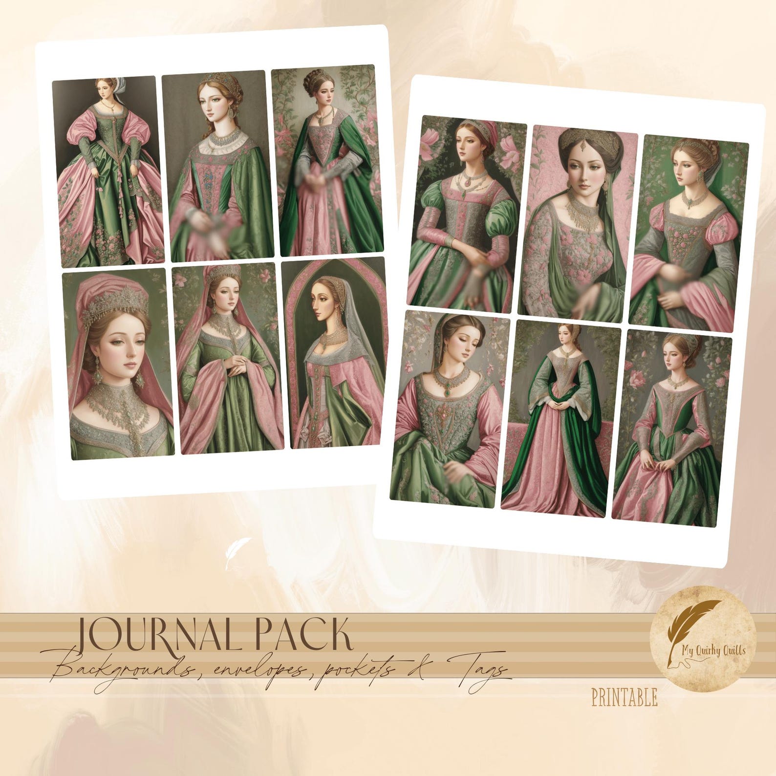 Printable Medieval Scrapbook Ephemera | Pink Green Vintage Junk Journal ...