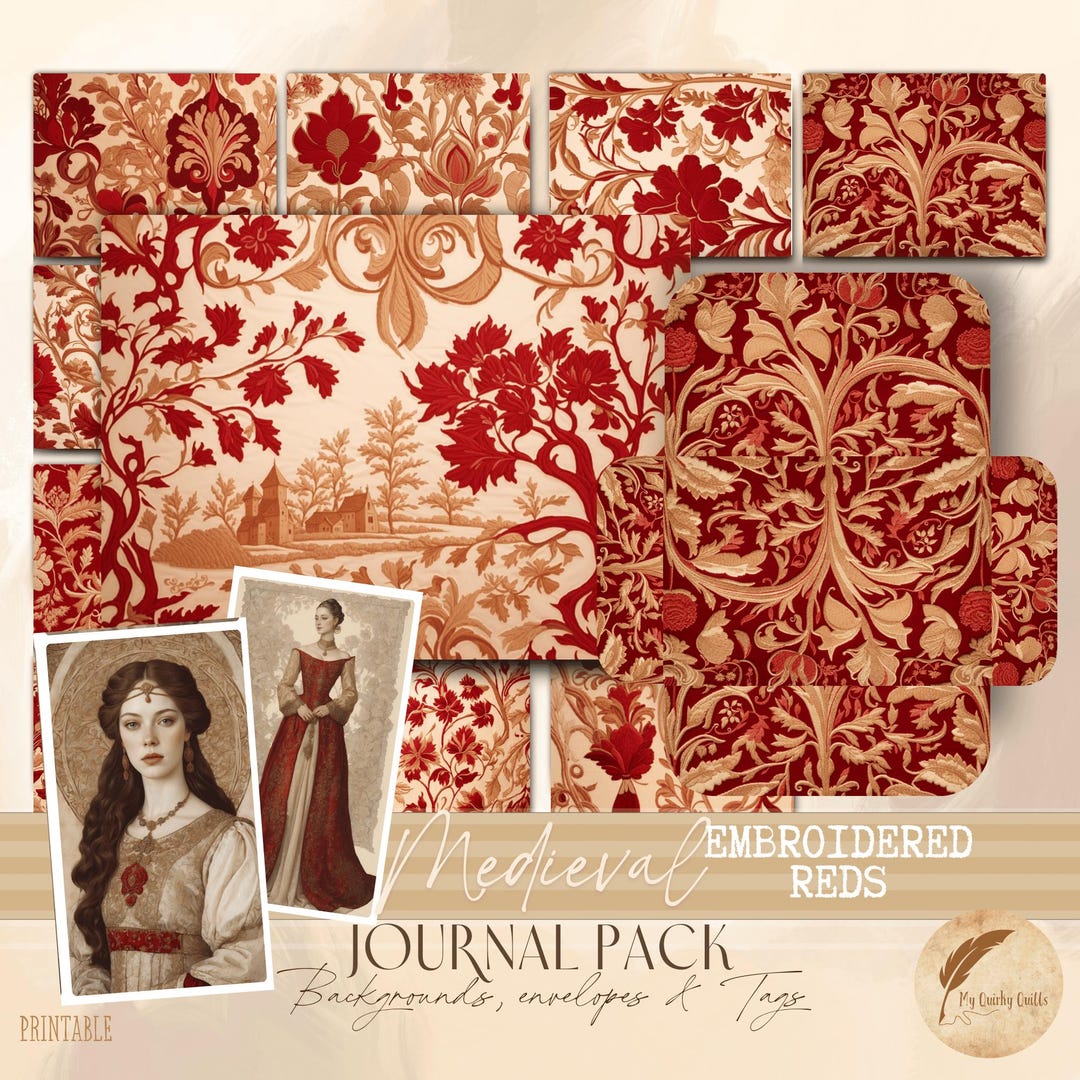 Printable Red Beige Medieval Scrapbook Kit | Embroidery-inspired ...