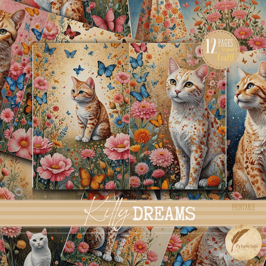Printable Kitty Floral Butterfly Dreams Junk Journal Pages | Vintage ...