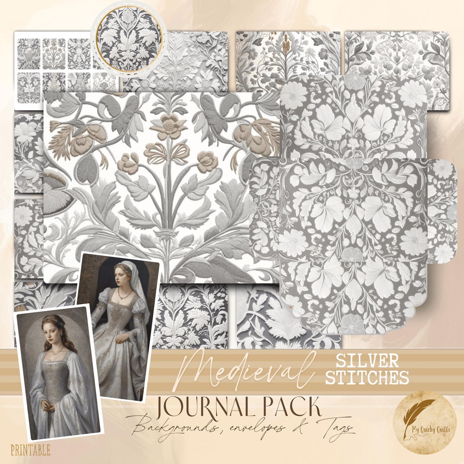Printable Grey White Medieval Scrapbook Kit | Embroidery-inspired ...
