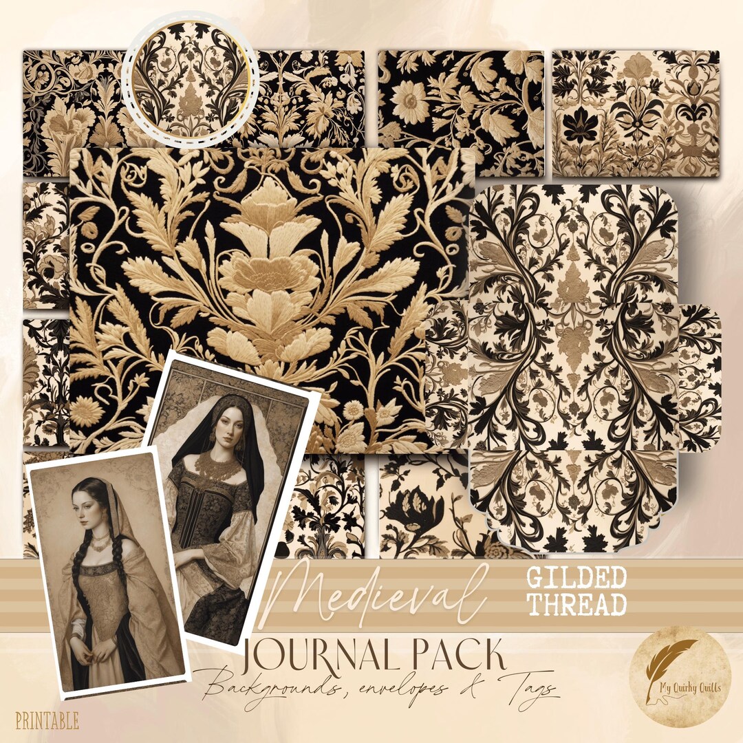 Printable Black Beige Medieval Scrapbook Kit | Embroidery-inspired Tags ...