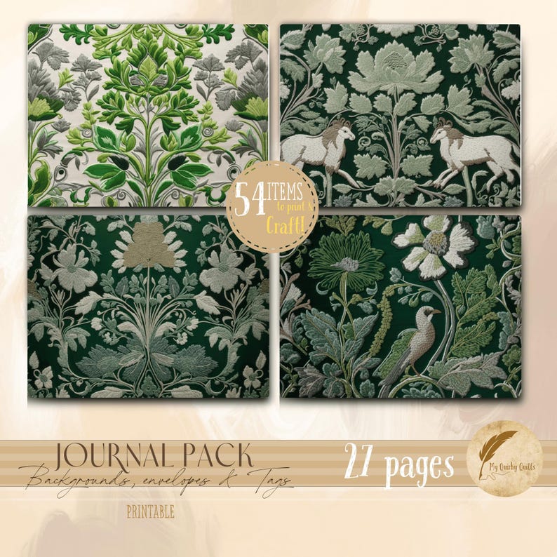 Printable Green Medieval Scrapbook Kit | Embroidery-inspired | Tags ...